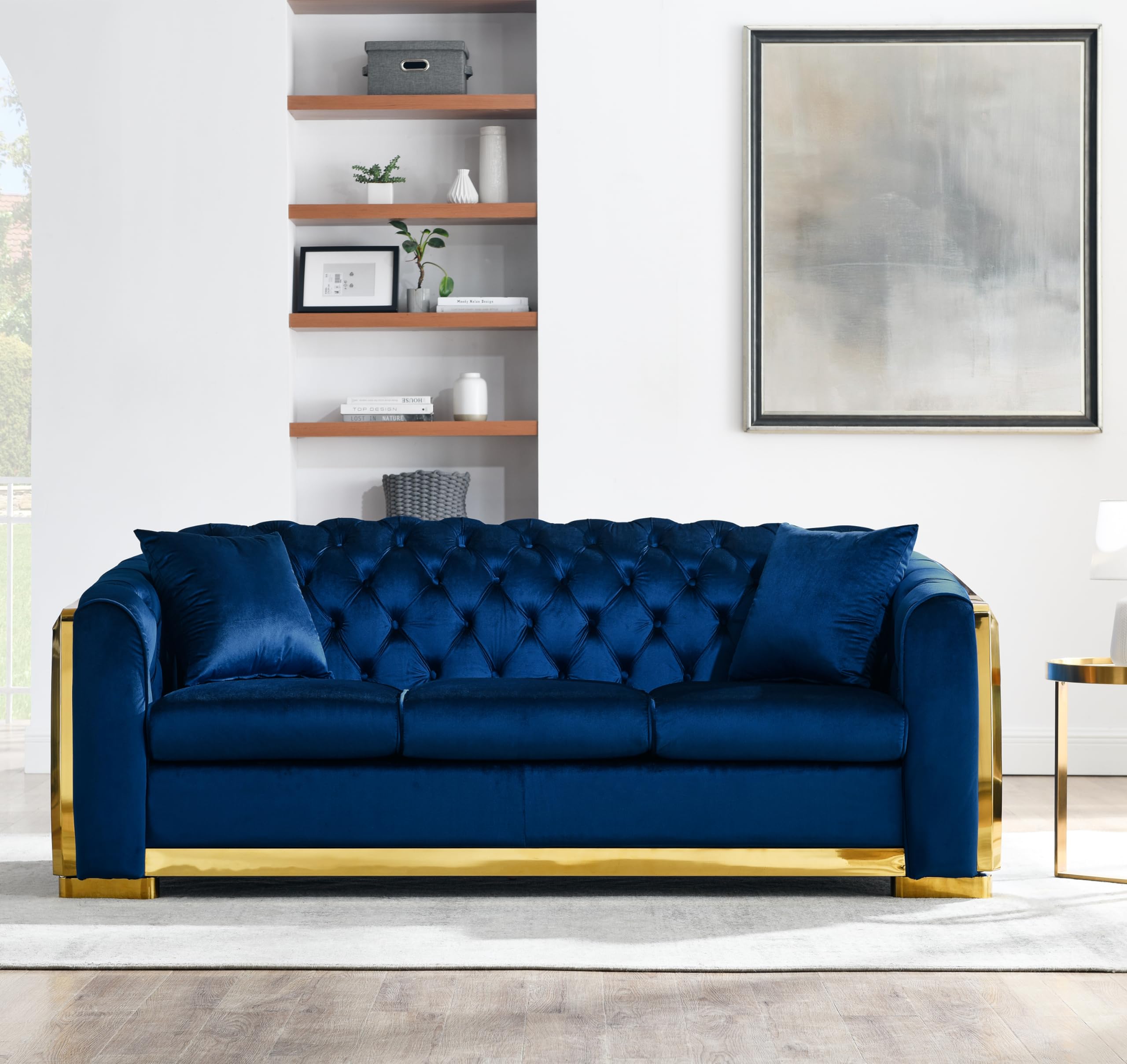 JUSTONE 81.1'' Black Velvet Chesterfield Sofa Couch for Living Room,Luxury Tufted 3 Seat Couch with Gold Stainless for Apartment Office,Navy Blue