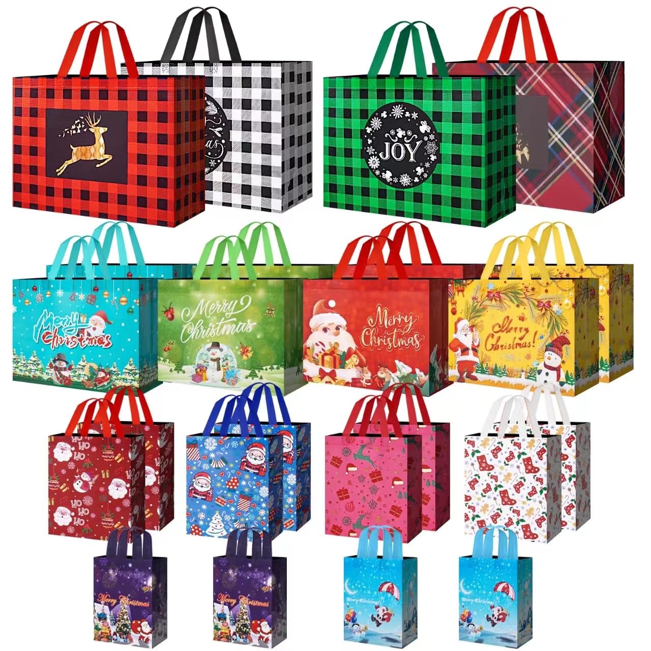 24 Pack Christmas Gift Bags Assorted Sizes with Handle, Reusable Tote Gift Bags Includes 4 Extra Large, 8 Large, 8 Medium, 4 Small, Non-Woven Christmas Bags for Gifts Xmas Party Holiday Favors