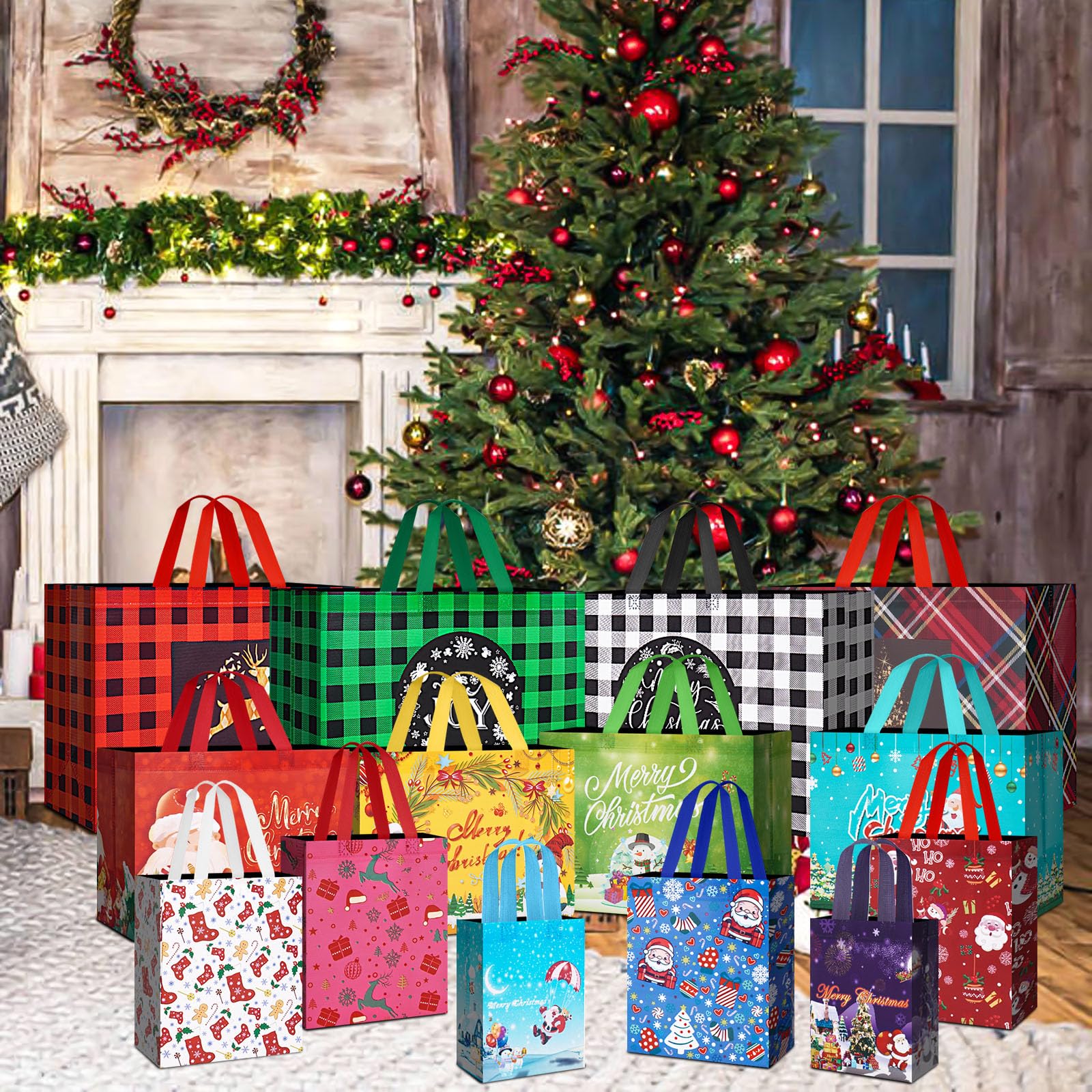 24 Pack Christmas Gift Bags Assorted Sizes with Handle, Reusable Tote Gift Bags Includes 4 Extra Large, 8 Large, 8 Medium, 4 Small, Non-Woven Christmas Bags for Gifts Xmas Party Holiday Favors