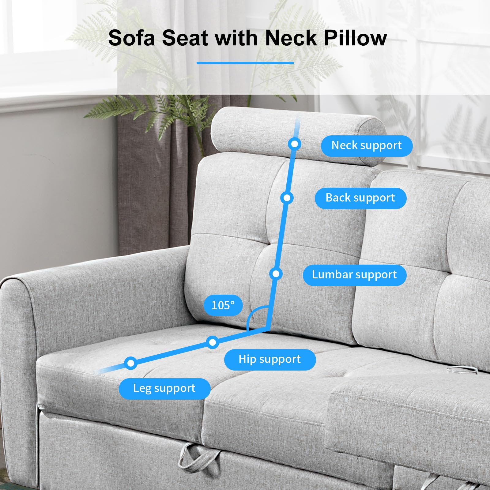 PUREMIND L Shaped Sofa for Living Room, Convertible Sectional Couch with Reversible Storage Chaise, Linen 3 Seater Lounge Sofa with Neck Pillows, L- Shape Sectional Sofa for Apartment