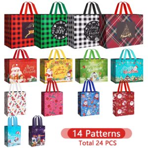 24 Pack Christmas Gift Bags Assorted Sizes with Handle, Reusable Tote Gift Bags Includes 4 Extra Large, 8 Large, 8 Medium, 4 Small, Non-Woven Christmas Bags for Gifts Xmas Party Holiday Favors