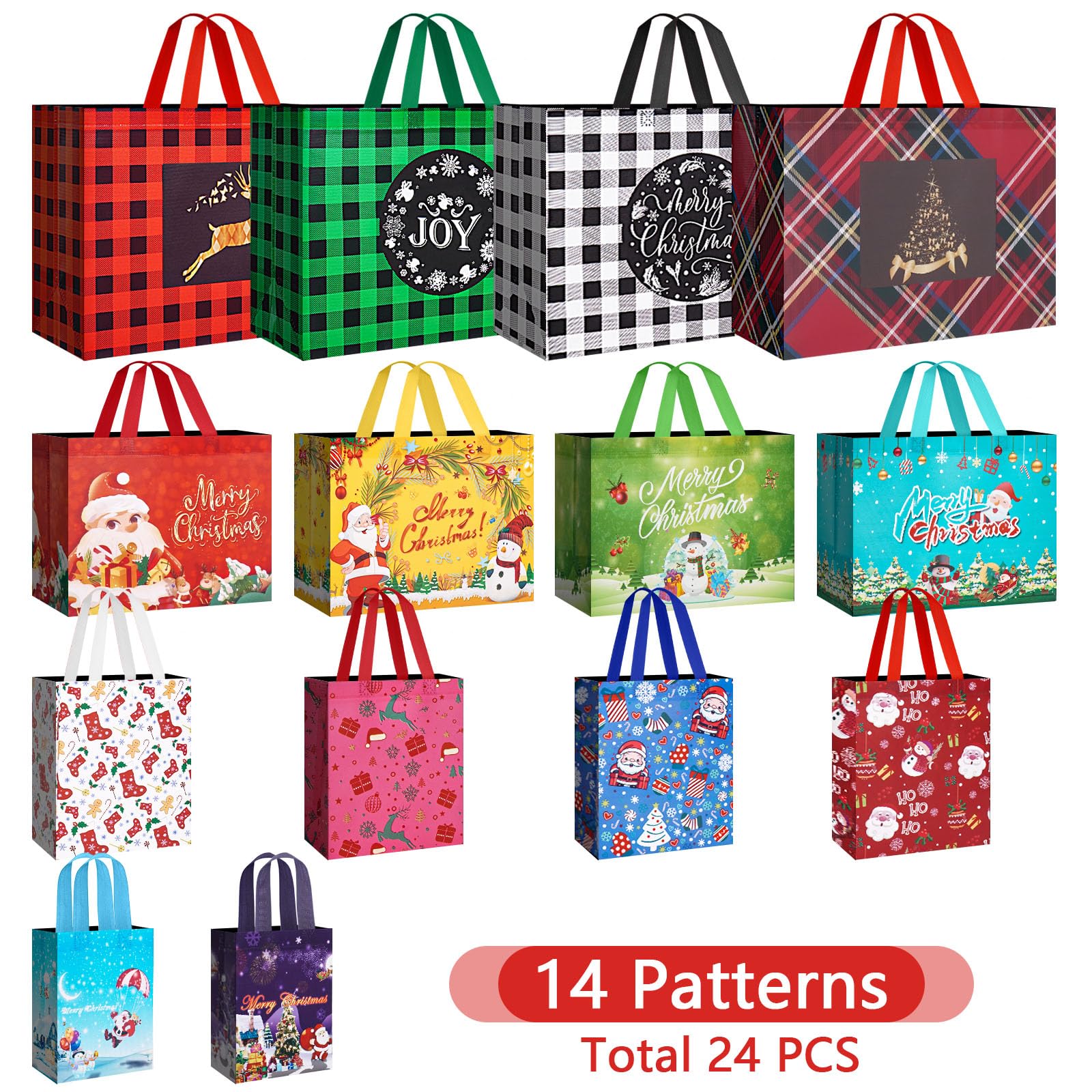 24 Pack Christmas Gift Bags Assorted Sizes with Handle, Reusable Tote Gift Bags Includes 4 Extra Large, 8 Large, 8 Medium, 4 Small, Non-Woven Christmas Bags for Gifts Xmas Party Holiday Favors