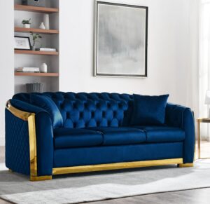 justone 81.1'' black velvet chesterfield sofa couch for living room,luxury tufted 3 seat couch with gold stainless for apartment office,navy blue