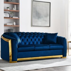 JUSTONE 81.1'' Black Velvet Chesterfield Sofa Couch for Living Room,Luxury Tufted 3 Seat Couch with Gold Stainless for Apartment Office,Navy Blue