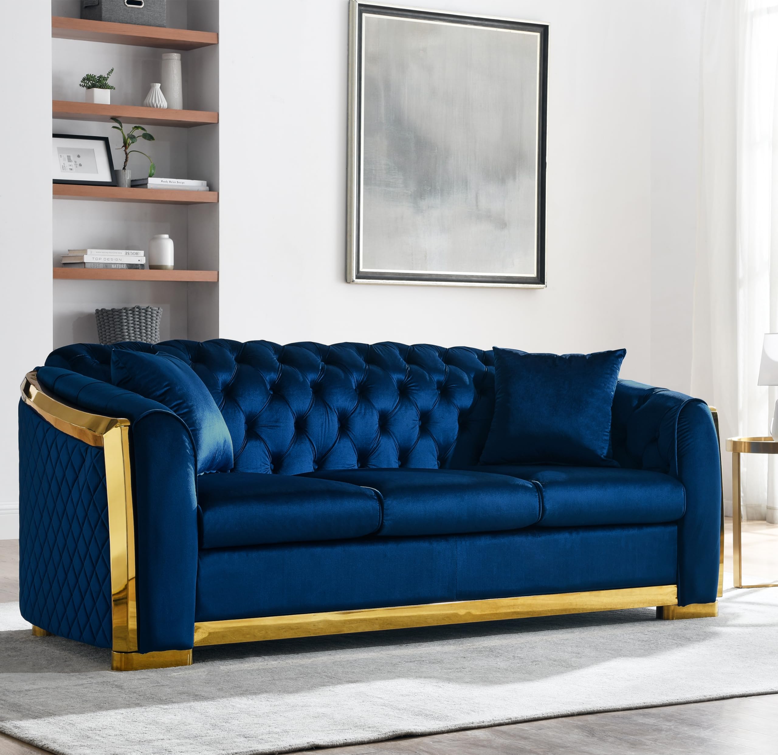 JUSTONE 81.1'' Black Velvet Chesterfield Sofa Couch for Living Room,Luxury Tufted 3 Seat Couch with Gold Stainless for Apartment Office,Navy Blue