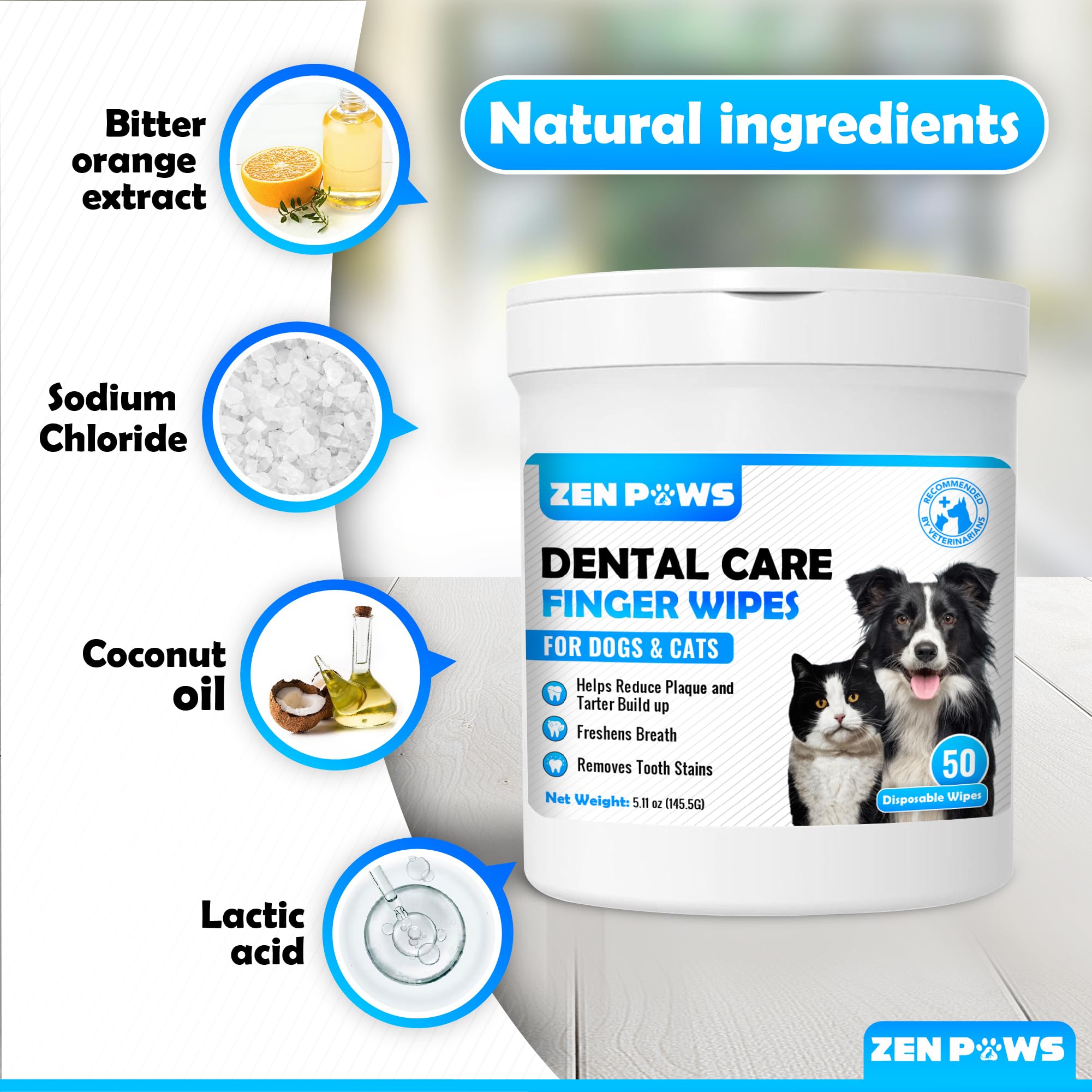 Teeth and Gum Cleaning Wipes for Dogs & Cats - Reduces Plaque, Tarter Buildup & Freshens Breath No-Rinse Disposable Dog Finger Toothbrush Pet Wipes, 50 pcs