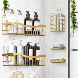 Luxury Style Stainless Steel Shower Caddy Set - Rustproof, Durable, and Adhesive Hanging Bathroom Organizer Kit with 5 Pieces | Shower Caddy Organizer | Bathroom Decor (Luxury Gold)