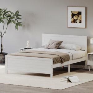 queen size wood platform bed frame with headboard, mattress foundation with slat support, no box spring needed, white