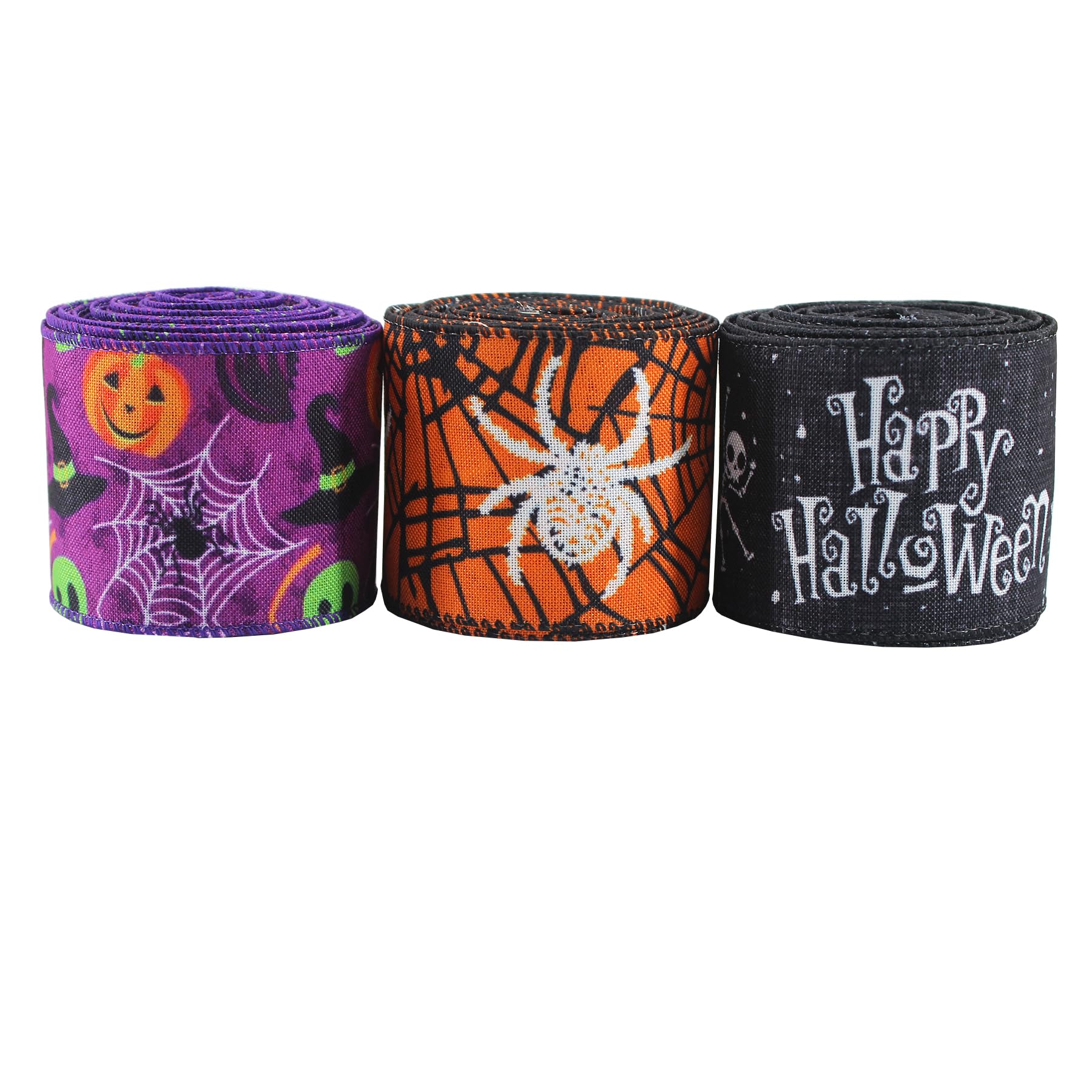 3 Rolls 15 Yards Halloween Ribbon Wired Edge Ribbons 2.5 inchSpider Web Skull Pumpkin Ribbons ，Purple Orange Black Burlap Ribbon ，for Wreath Home Party DIY Craft Floral Bow Decoration Supplies