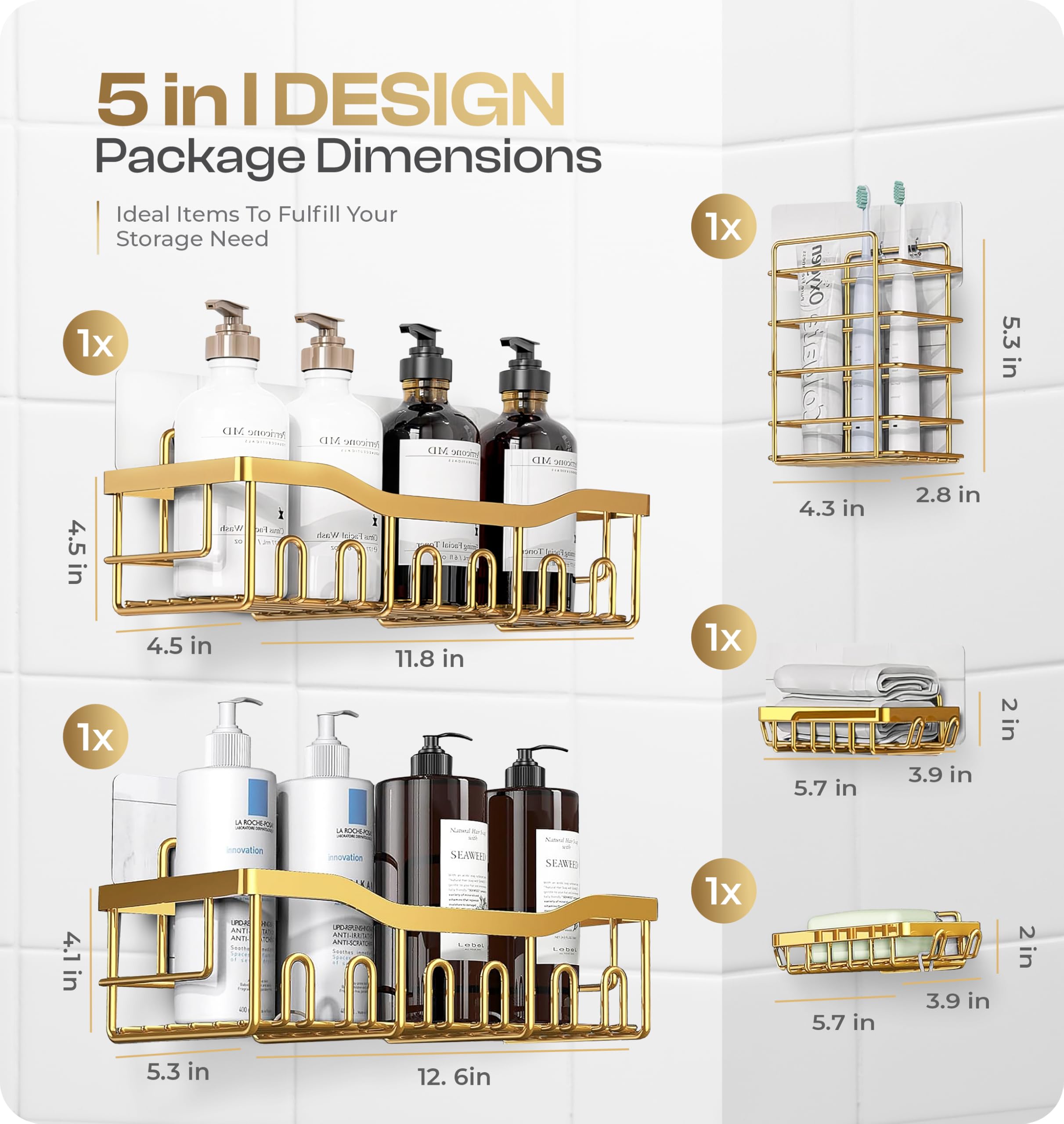 Luxury Style Stainless Steel Shower Caddy Set - Rustproof, Durable, and Adhesive Hanging Bathroom Organizer Kit with 5 Pieces | Shower Caddy Organizer | Bathroom Decor (Luxury Gold)