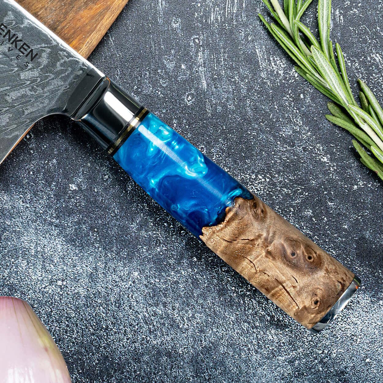 SENKEN 12" Damascus Steel Brisket Knife - Tsunami Collection - 67-Layer Japanese VG10 Steel with Blue Resin Burl Wood Handle - Ultra Sharp Carving Knife for Brisket, Meat, Roasts, and Large Fruit