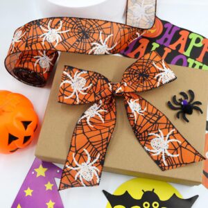 3 Rolls 15 Yards Halloween Ribbon Wired Edge Ribbons 2.5 inchSpider Web Skull Pumpkin Ribbons ，Purple Orange Black Burlap Ribbon ，for Wreath Home Party DIY Craft Floral Bow Decoration Supplies