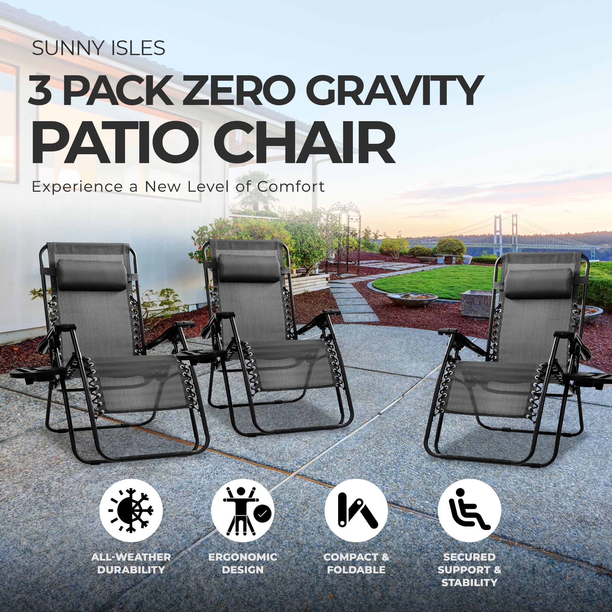 Four Seasons Courtyard Sunny Isles XL Zero Gravity Outdoor Patio Reclining Chair Steel Frame Comfortable Lounge Seating Furniture Set, 3 Pack, Black