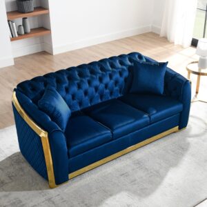 JUSTONE 81.1'' Black Velvet Chesterfield Sofa Couch for Living Room,Luxury Tufted 3 Seat Couch with Gold Stainless for Apartment Office,Navy Blue