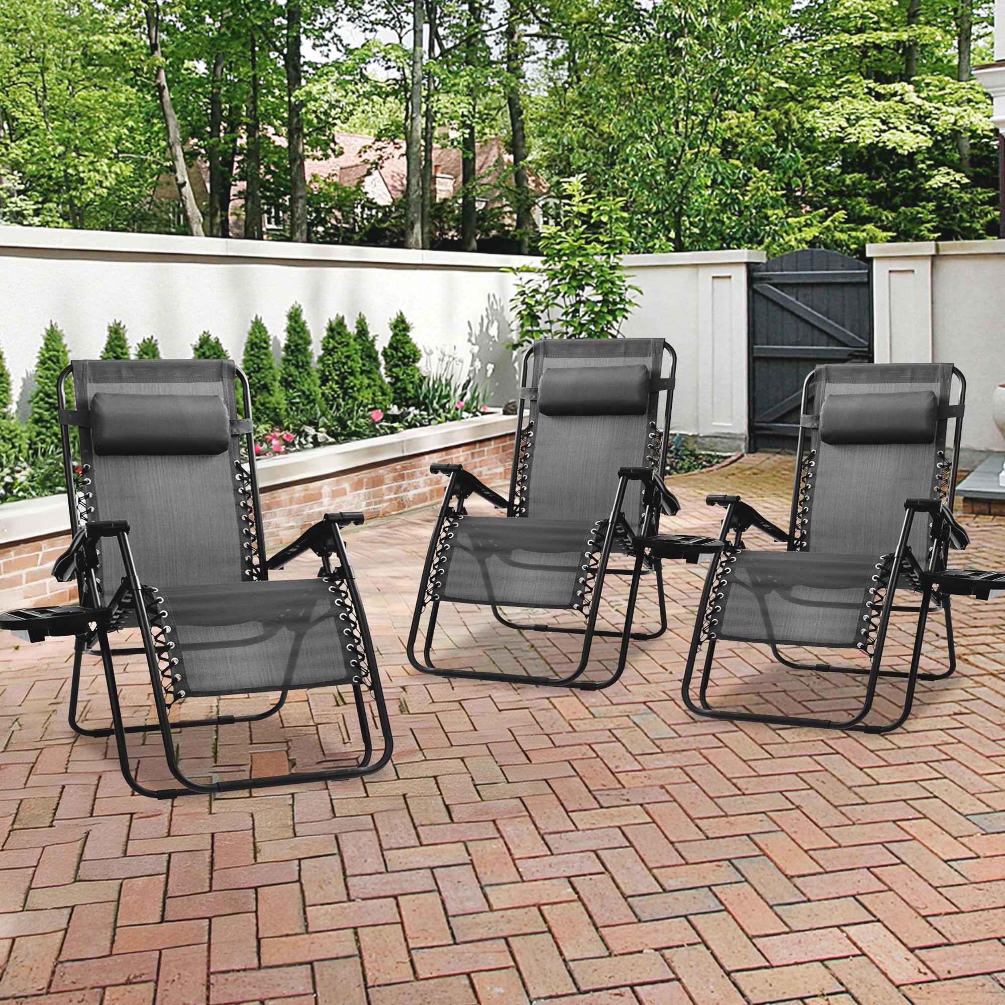 Four Seasons Courtyard Sunny Isles XL Zero Gravity Outdoor Patio Reclining Chair Steel Frame Comfortable Lounge Seating Furniture Set, 3 Pack, Black