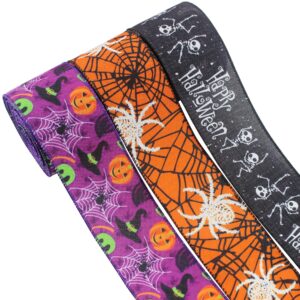 3 rolls 15 yards halloween ribbon wired edge ribbons 2.5 inchspider web skull pumpkin ribbons ，purple orange black burlap ribbon ，for wreath home party diy craft floral bow decoration supplies