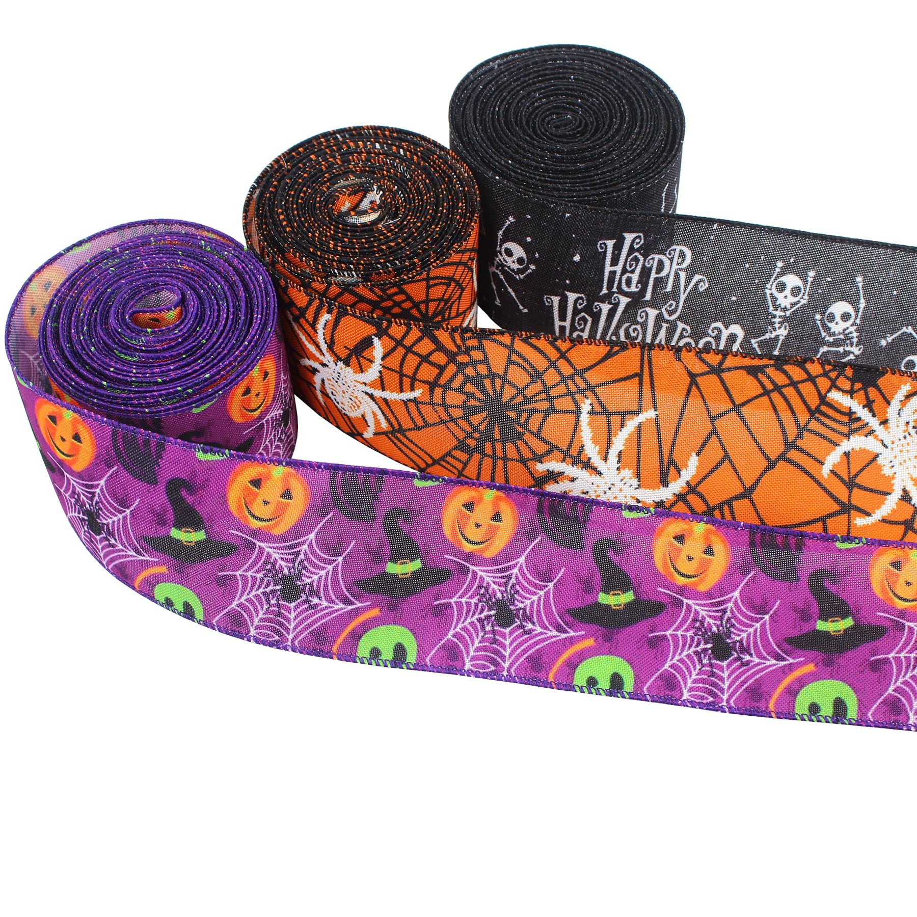 3 Rolls 15 Yards Halloween Ribbon Wired Edge Ribbons 2.5 inchSpider Web Skull Pumpkin Ribbons ，Purple Orange Black Burlap Ribbon ，for Wreath Home Party DIY Craft Floral Bow Decoration Supplies