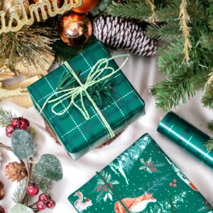 LeZakaa Christmas Green Wrapping Paper Roll - Mini Roll - Fox, Squirrel, Reindeer & Chrismas Tree, Green Plaid for Christmas Holiday Party - 17 x 120 inches - 3 Rolls (42.5 sq.ft.ttl.)