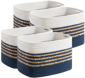 ubbcare 4 pack baskets for organizing, woven storage baskets for toys and towel, rectangle cotton rope basket with handles, 15''l x10''w x9''h, navy blue