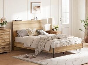 LINSY Full Size Bed Frame Wood with Ergonomic Headboard, Farmhouse Bed Frame Full with Storage Shelf, 45-Min Fast Assembly Wood Bed Full, Noise-Free, No Box Spring Needed - Brown