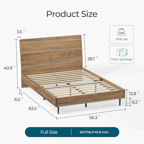 LINSY Full Size Bed Frame Wood with Ergonomic Headboard, Farmhouse Bed Frame Full with Storage Shelf, 45-Min Fast Assembly Wood Bed Full, Noise-Free, No Box Spring Needed - Brown