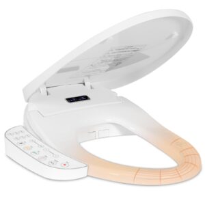 electric bidet toilet seat, warm water bidet for rear and front washing, self-cleaning nozzle, elongated v-shaped heated toilet seat with dryer, touch panel, softclose lid, led light and deodorization