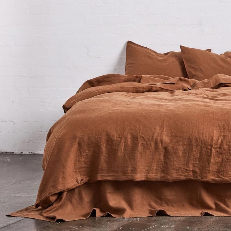 The Tangerine Store 3-Piece Linen Cotton Mix Duvet Cover Set (88x90 in) - Rust Queen Duvet Cover Set with Standard Shams - Pre-Washed, Handmade - Home Decor