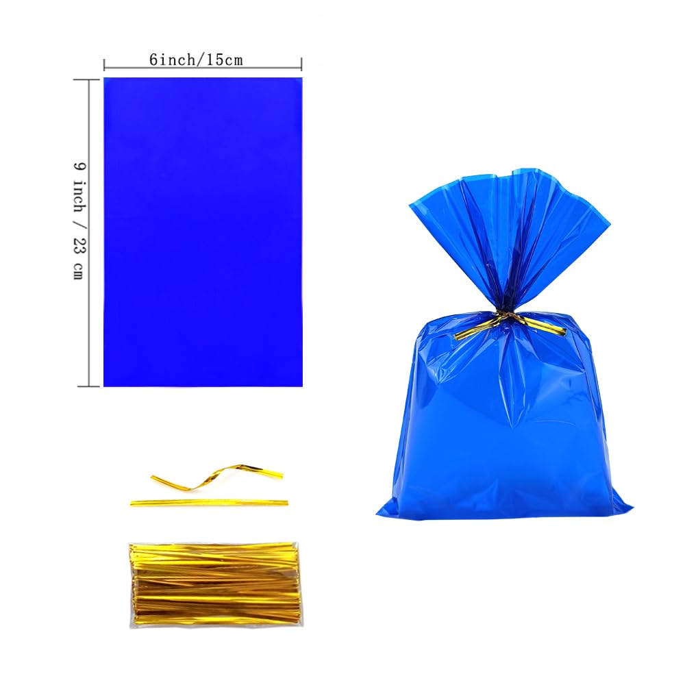 FAZHBARY 100 PCS Blue Cellophane Bags 6x9 Blue Gift Bag Blue Candy Bags Blue Treat Bags for Blue Party Supplies