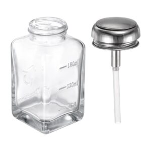 HARFINGTON 6Oz / 180ML Glass Pump Dispenser Bottle Square Clear Liquid Pumping Press Push Down Alcohol Container with Metal Flip Cover for Makeup Remover