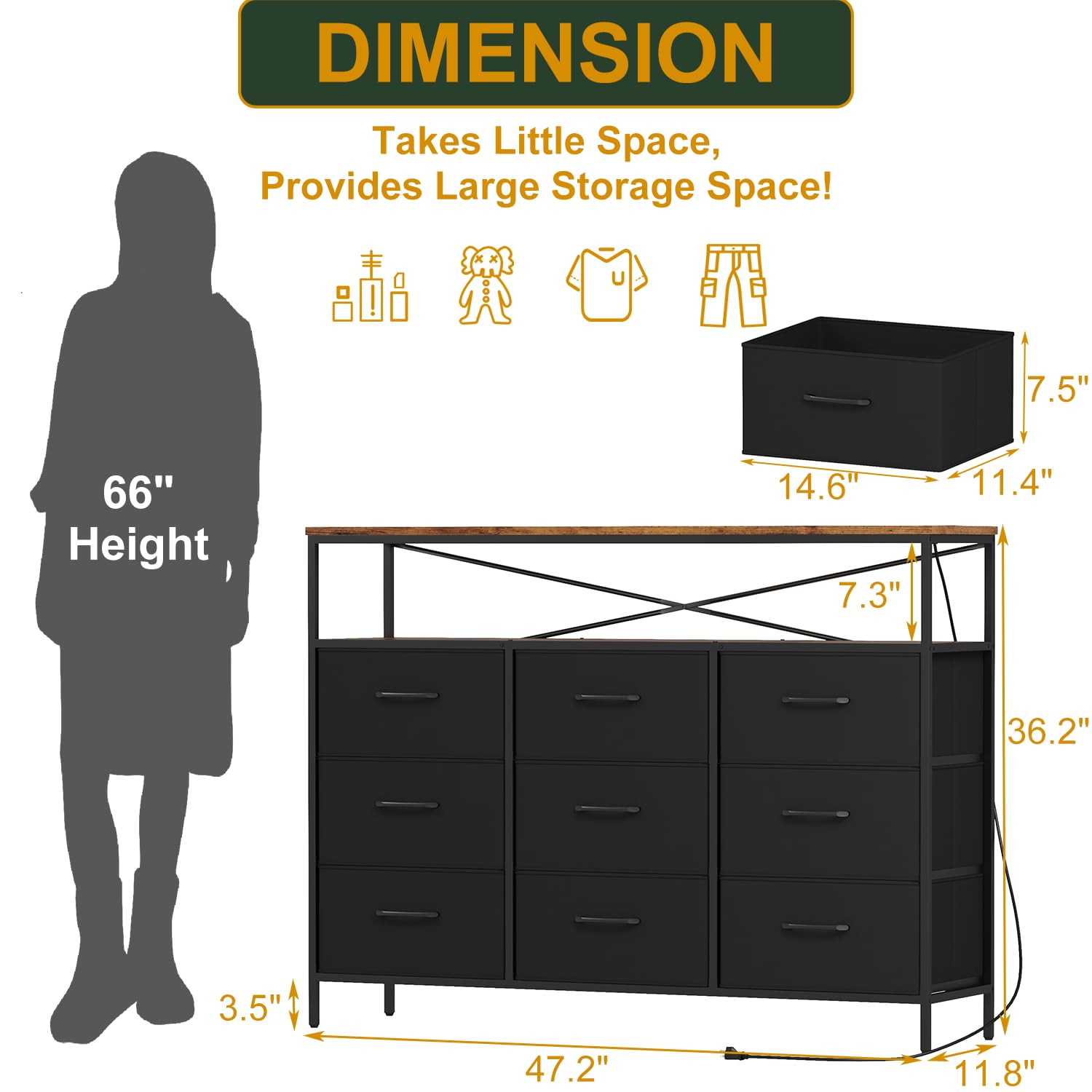 Qupui Tall Dresser with Charging Station and LED Lights, 36'' Tall Dresser tv Stand for up to 55 Inch TVs, 9 Fabric Drawer Dressers for Bedroom, Sitting Room, Hallway, Black