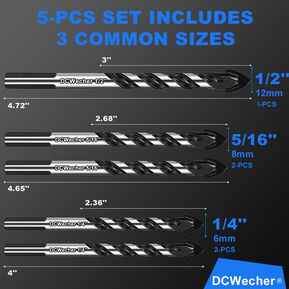 Professional Concrete Drill Bit 5-Pack Masonry Drill Bit Set, Industrial-Strength Cement Drill Bits, 1/4'' 5/16'' 1/2'' Masonry Drill Bits for Brick/Tile/Glass/Cement/Etc, Carbide Drill Bits Tip