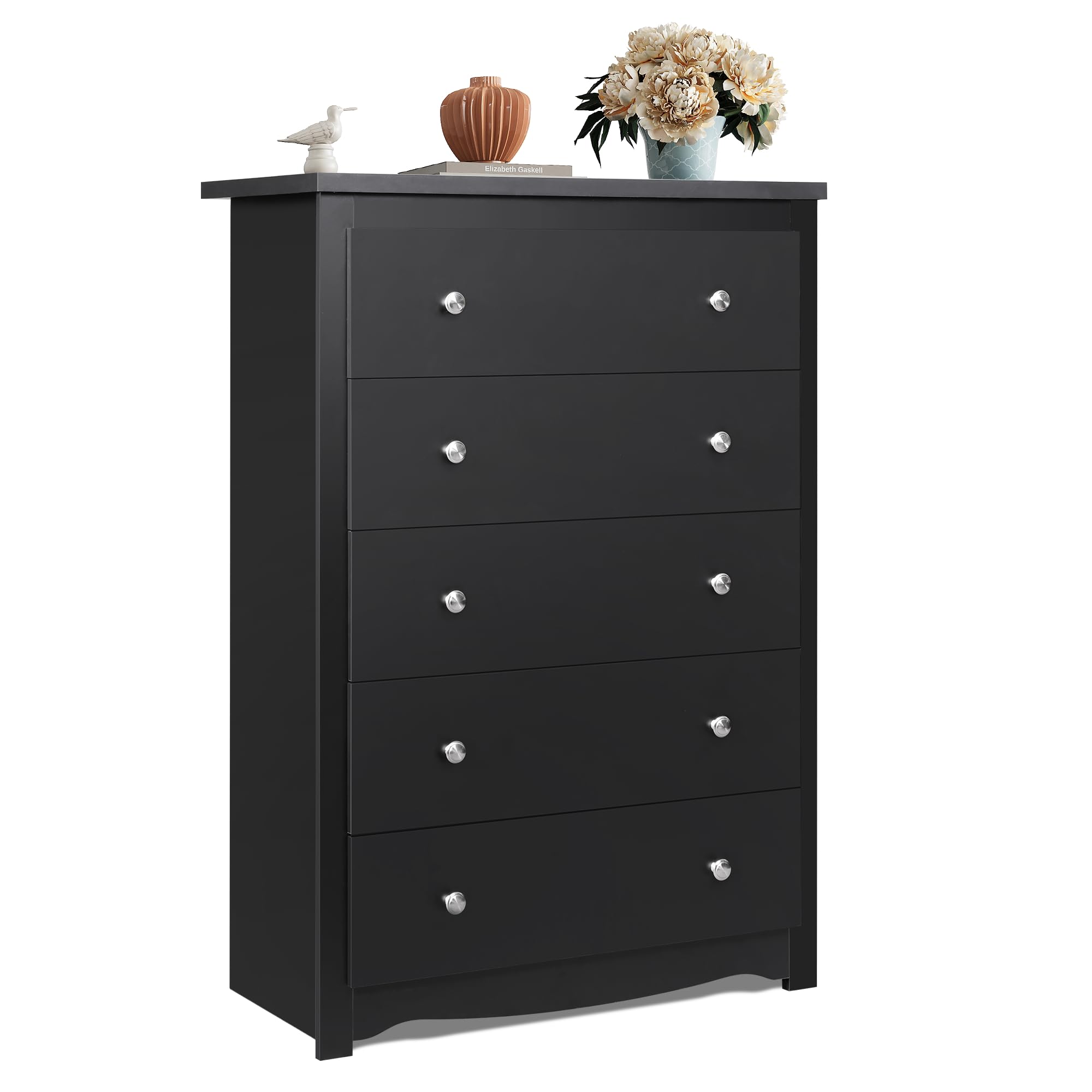 WLIVE Wood Dresser with 5 Drawer, Cabinets Dressers Wood Dresser Cabinet, Organizer Drawers for Bedroom, Living, Hallway, Measuring 15.7" W*31.4" D*45.3" H, Black ﻿