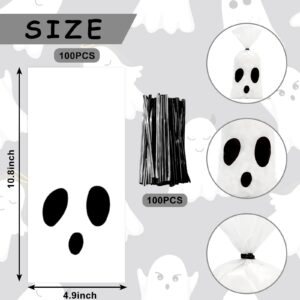 JarThenaAMCS 100Pcs Halloween Cellophane Treat Bags with Twist Ties Ghost Face Party Gift Bags Plastic Candy Goodie Bags for Snacks Cookies Packing Supplies