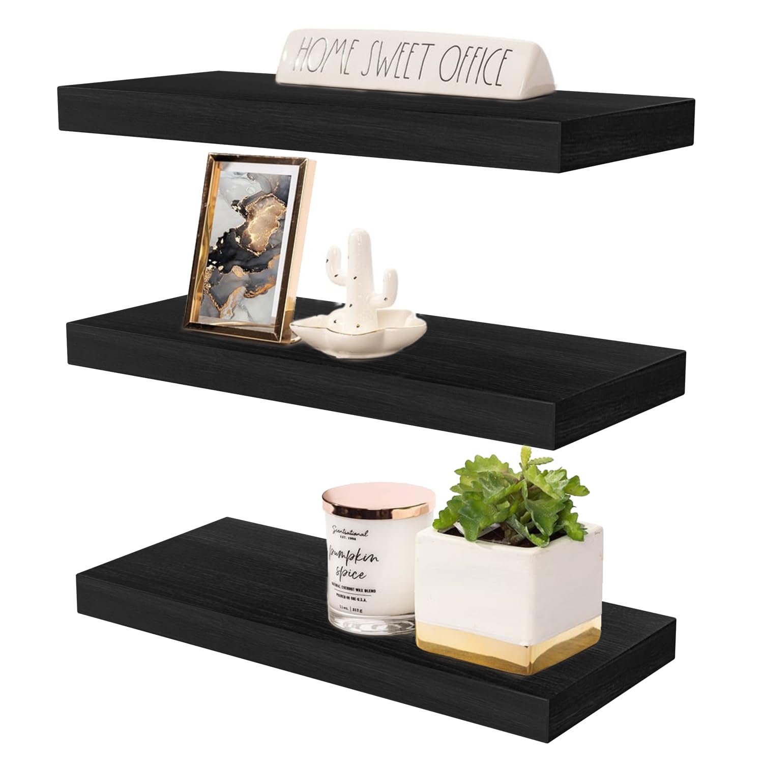 AT-VALY Floating Shelves Set of 3,Wall Shelves for Bedroom, Bathroom, Kitchen, Living Room,Hanging Shelves for Wall Decor 15.6IN (Black Grain)