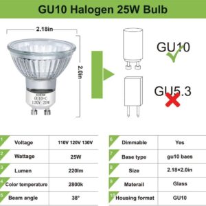 BXXKXMC GU10 Halogen Bulb 120v 25W Halogen Light Bulbs, 2800k Warm White gu10 Dimmable for Track Light Bulbs,Glass Cover for Range Hood Light Bulbs…