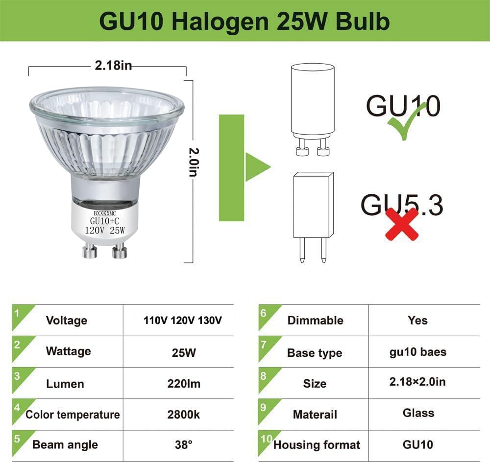 BXXKXMC GU10 Halogen Bulb 120v 25W Halogen Light Bulbs, 2800k Warm White gu10 Dimmable for Track Light Bulbs,Glass Cover for Range Hood Light Bulbs…