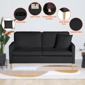 AILEEKISS 66" Loveseat Sofa Couch with 2 USB, Mid Century Modern Love Seat Couches for Living Room, PU Leather Upholstered 3-Seat Sofas for Bedroom, Apartments, Office (Black)