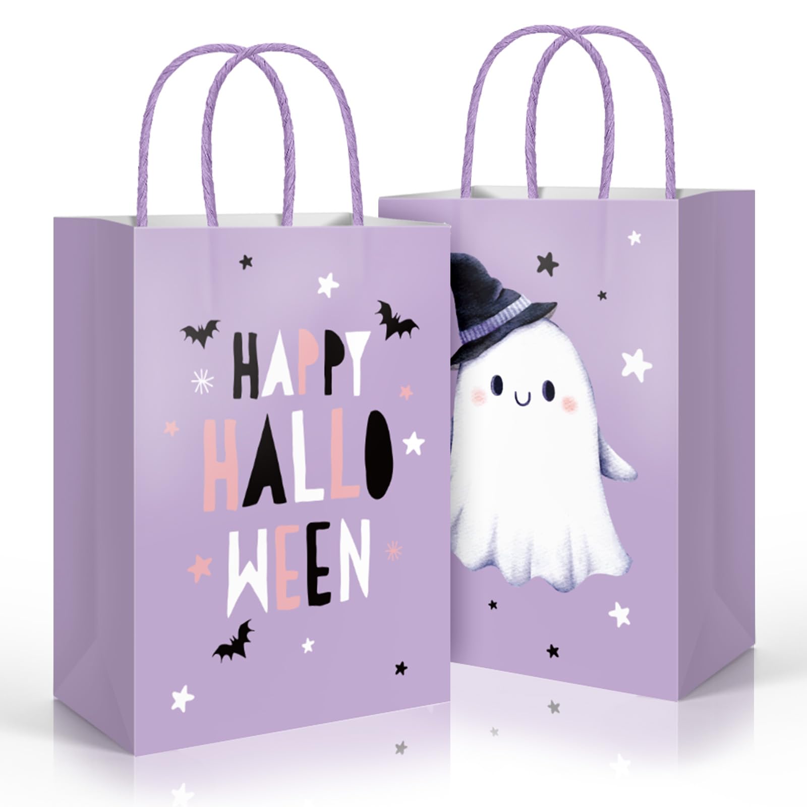 JarThenaAMCS 16Pcs Happy Halloween Paper Gift Bags Cute Ghost Party Favor Bags with Handle Lilac Purple Goodie Candy Treat Bags for Halloween Party Decor Supplies