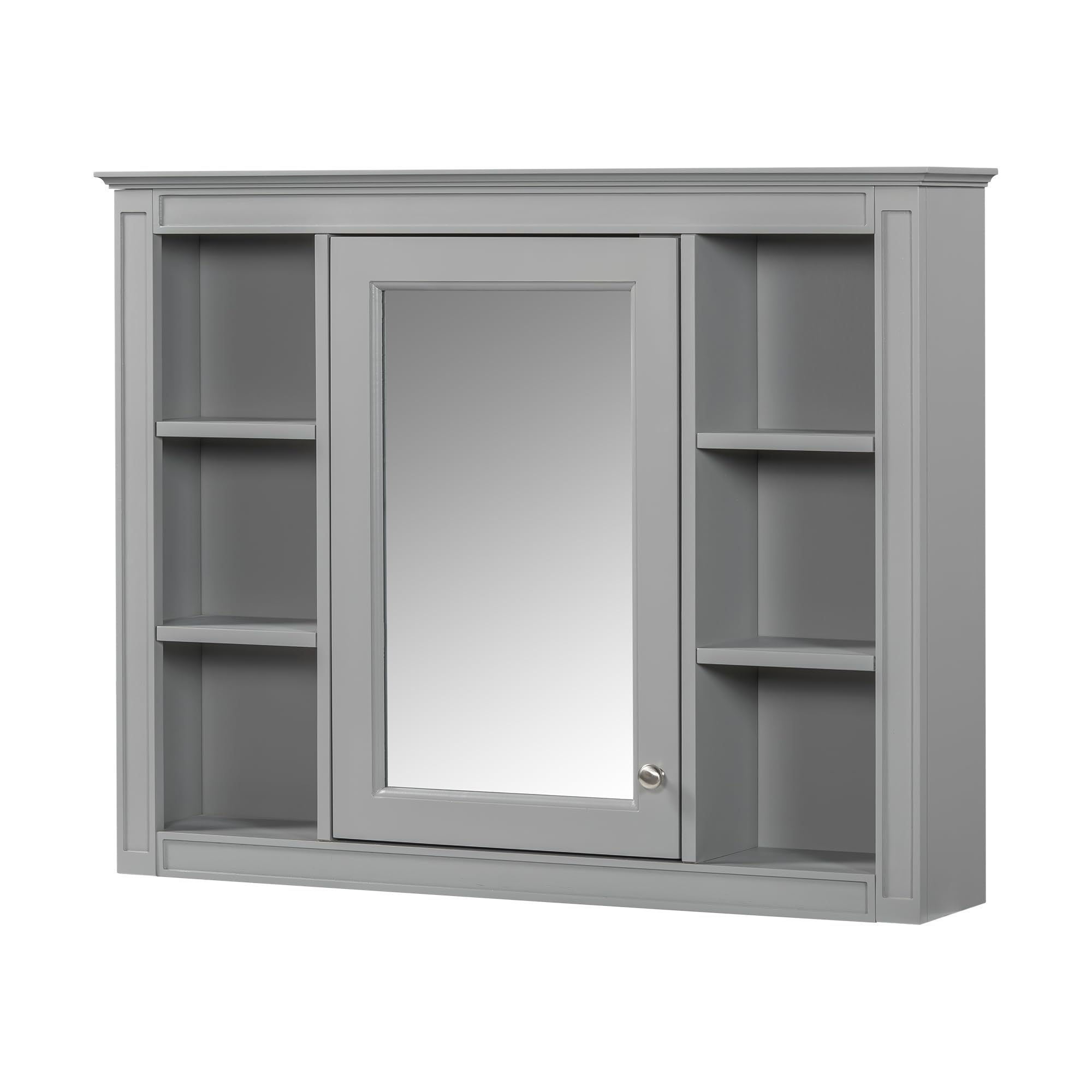 Linique Medicine Cabinet with Mirror and Shelves, Modern Wall-Mounted Bathroom Storage Cabinet with Soft-Close Door Hinges, Grey