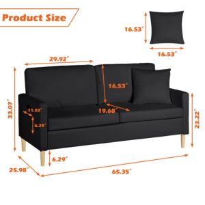 AILEEKISS 66" Loveseat Sofa Couch with 2 USB, Mid Century Modern Love Seat Couches for Living Room, PU Leather Upholstered 3-Seat Sofas for Bedroom, Apartments, Office (Black)