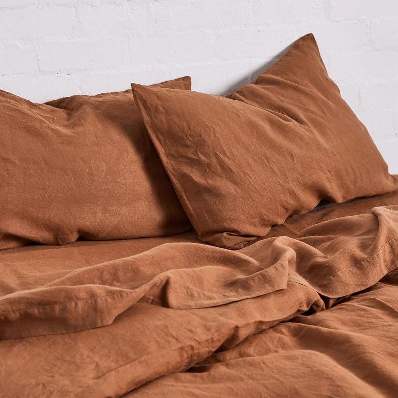 The Tangerine Store 3-Piece Linen Cotton Mix Duvet Cover Set (88x90 in) - Rust Queen Duvet Cover Set with Standard Shams - Pre-Washed, Handmade - Home Decor