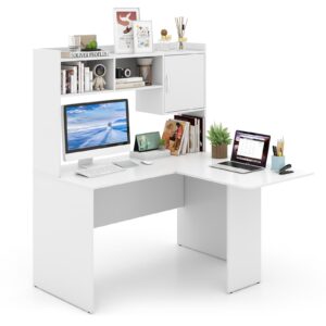 giantex l shaped desk with hutch, corner computer desk with storage shelf & cabinet, laptop pc table gaming desk workstation, modern executive study writing desk for home office, bedroom, white