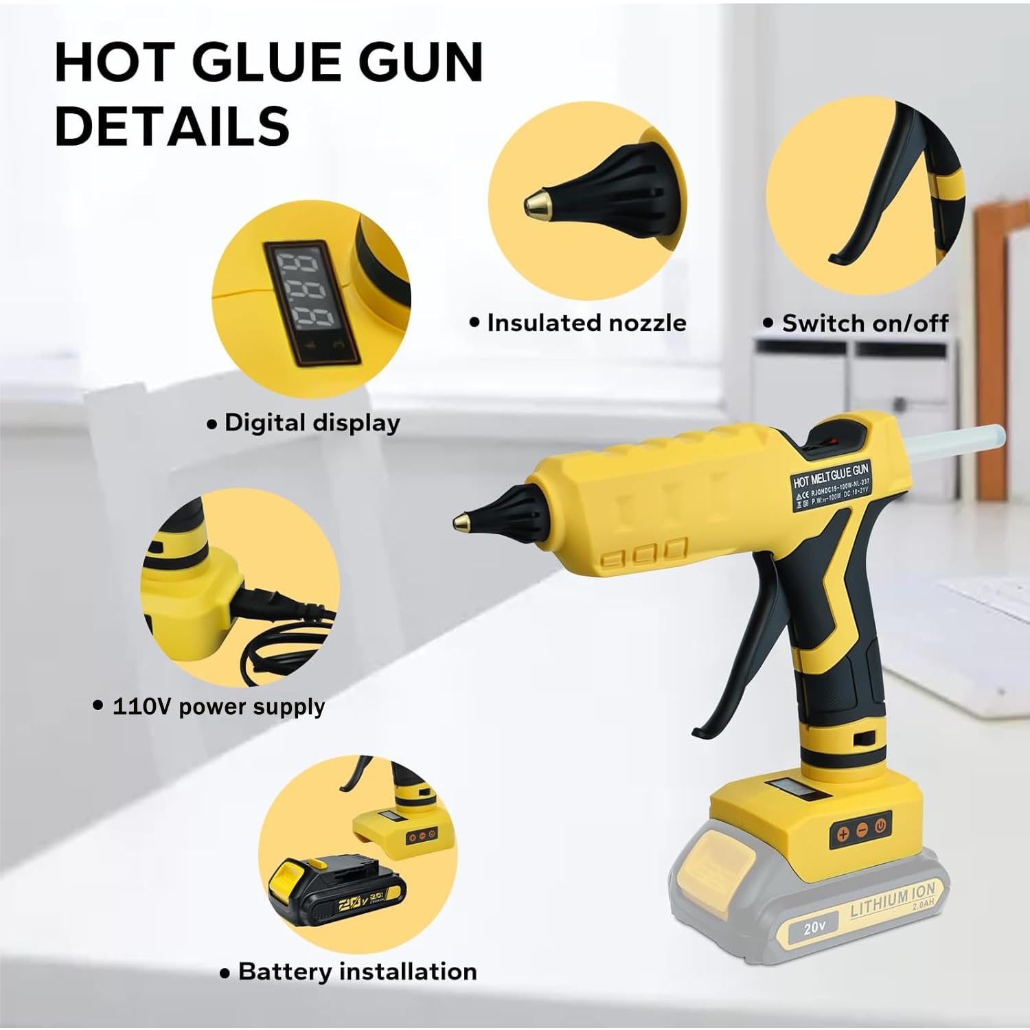 Cordless 100W Hot Glue Gun Dual for De-walt 20V Battery,Dual Power Supply Glue Gun,LCD Digital Display Up to 200℃ Temp Adjust with Plug,10Pcs hot glue gun sticks for Arts&Crafts&DIY(No Battery)