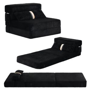 tiita folding sofa bed couch, single size foldable futon chair bed with pillow, folding sleeper sofa chair bed floor mattress for guest room, living room, black