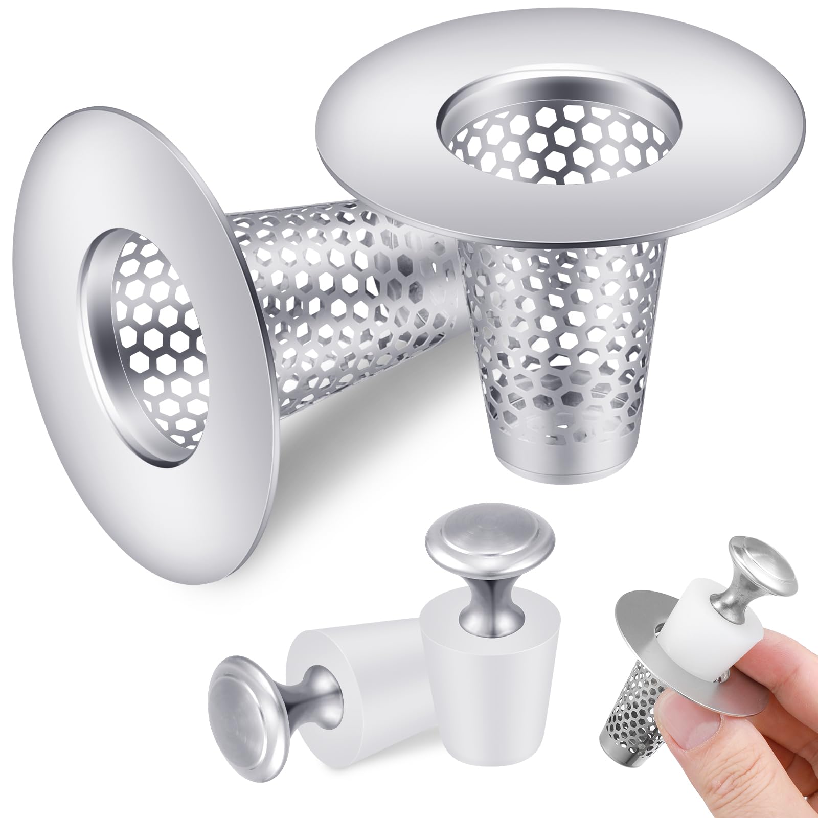 ProSuites 2PCS Bathroom Sink Drain Strainers fit Hole Size 1.2"-1.6" Stainless Steel Bathtub Hair Catcher Cone Shaped Water Drain with 2PCS Strainers Cover