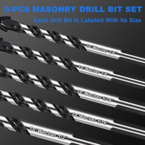 Professional Concrete Drill Bit 5-Pack Masonry Drill Bit Set, Industrial-Strength Cement Drill Bits, 1/4'' 5/16'' 1/2'' Masonry Drill Bits for Brick/Tile/Glass/Cement/Etc, Carbide Drill Bits Tip