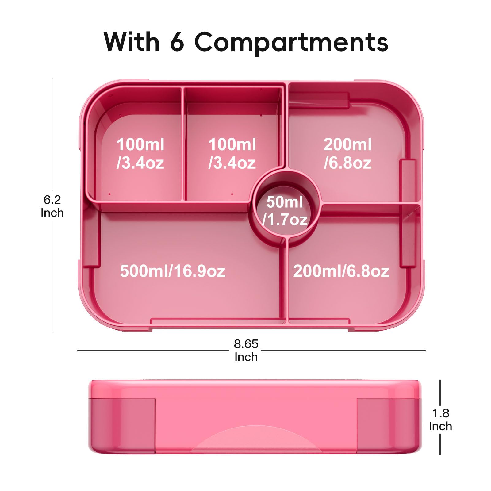 Winproper Lunch Box Kids Bento Box, Leakproof Bento Lunch Box with 6 Compartments, BPA-Free Men Women Lunch Containers for Adults/Kids/Students, 40 oz Portable On-the-Go Meal and Snack Packing - Pink