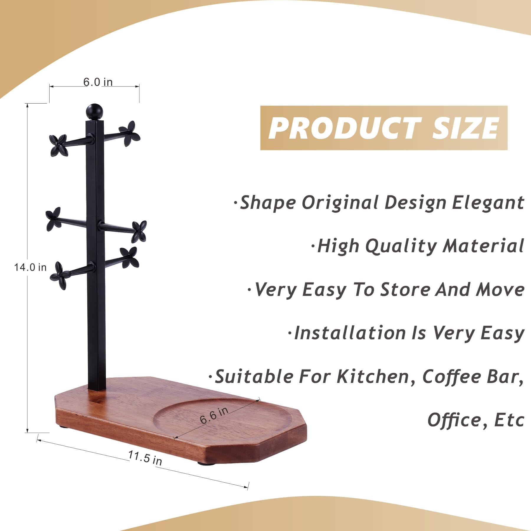 Mug Tree for Large Mugs, Mug Holder for Counter, Coffee Mug Tree for Counter, Mug Rack with 6 Hooks and Coffee Pot Tray, Multi-Function Mug Stand for Counter, Coffee Bar Accessory & Kitchen Organizer