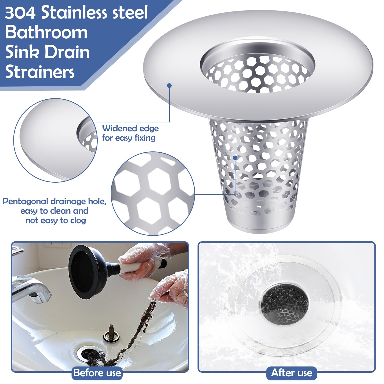 ProSuites 2PCS Bathroom Sink Drain Strainers fit Hole Size 1.2"-1.6" Stainless Steel Bathtub Hair Catcher Cone Shaped Water Drain with 2PCS Strainers Cover