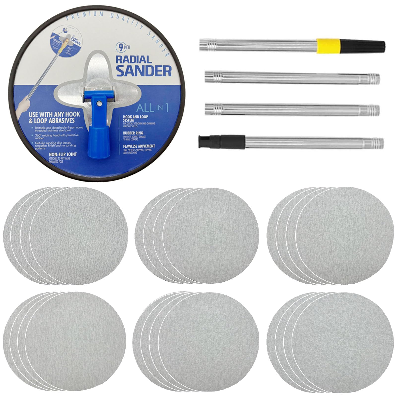 9 Inch Drywall Pole Sander,Radial Round Pole Sander for Dry Wall, Manual Hand Drywall Sander with Extension Pole&24 pcs Sanding Sheets 80, 100, 120, 150,180, 240 Grits -6 Types for Painting Projects